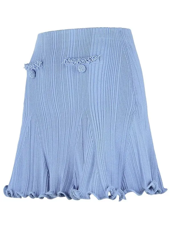 SELF-PORTRAIT Ribbed Knit Skirt With Beaded Embellishments - Blue