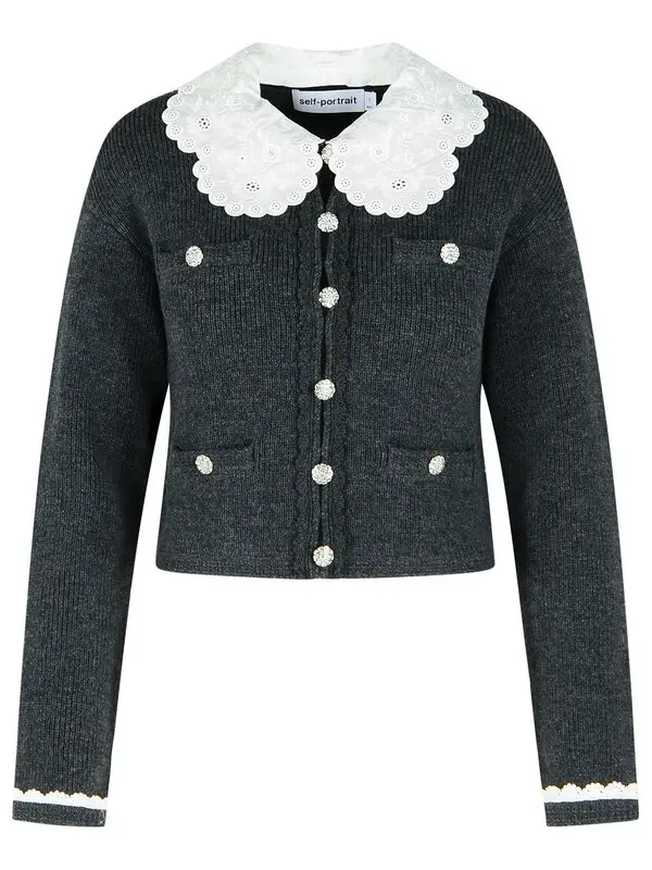 SELF-PORTRAIT Dark Grey Wool Blend Crop Cardigan With Lace Collar - Gray