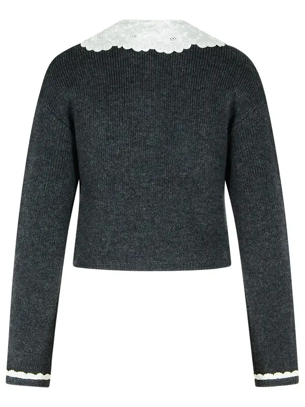 SELF-PORTRAIT Dark Grey Wool Blend Crop Cardigan With Lace Collar - Gray