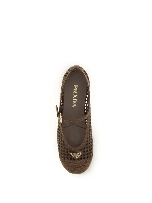 Prada Crochet Ballerinas With Logo Buckle - Brown