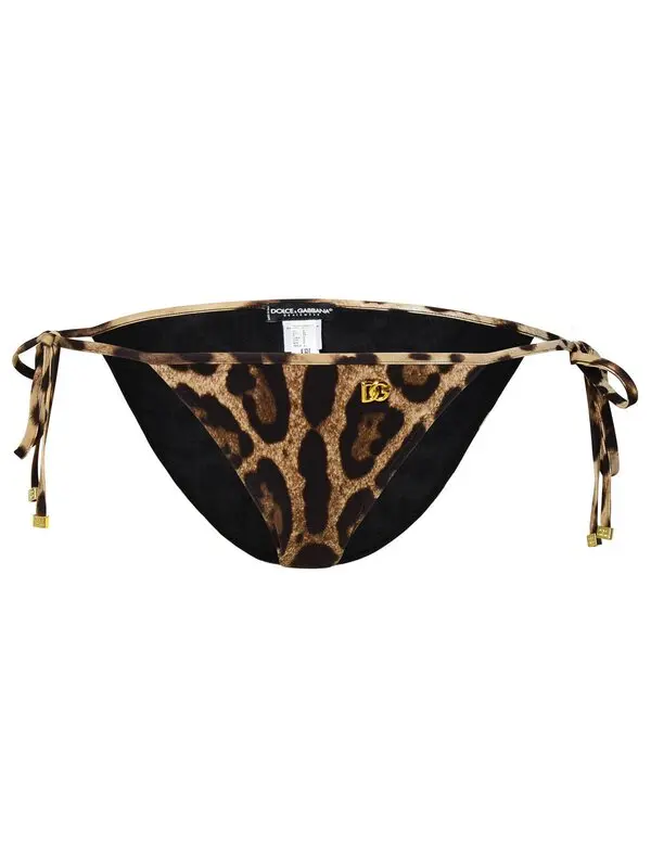 Dolce & Gabbana Leopard Print Bikini Bottoms With Gold Logo Detail - Brown