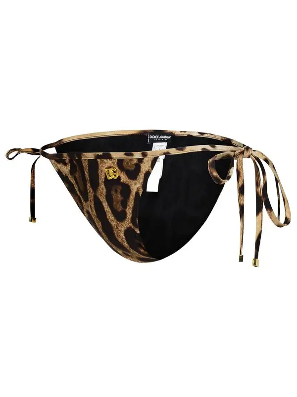 Dolce & Gabbana Leopard Print Bikini Bottoms With Gold Logo Detail - Brown