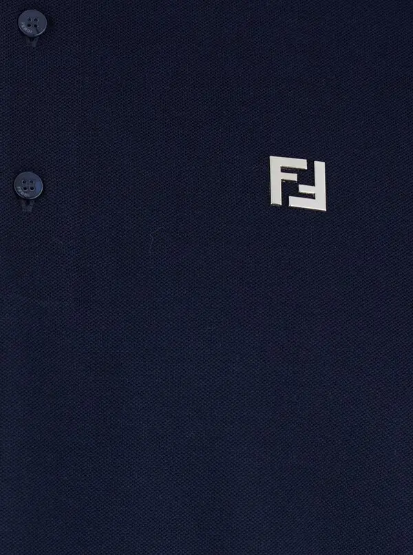 Fendi Blue Polo Shirt With Metallic Ff Logo On The Front In Cotton Pique - Multicolor