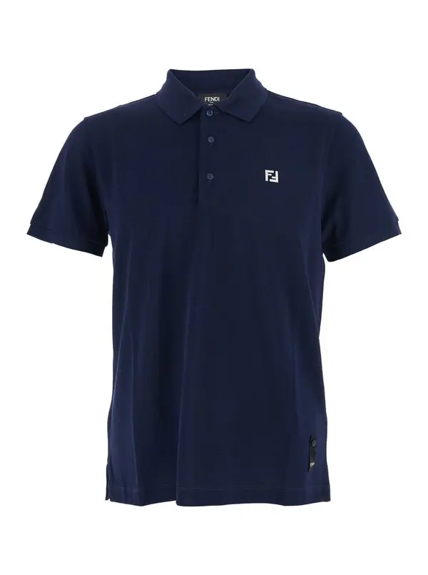 Fendi Blue Polo Shirt With Metallic Ff Logo On The Front In Cotton Pique - Multicolor