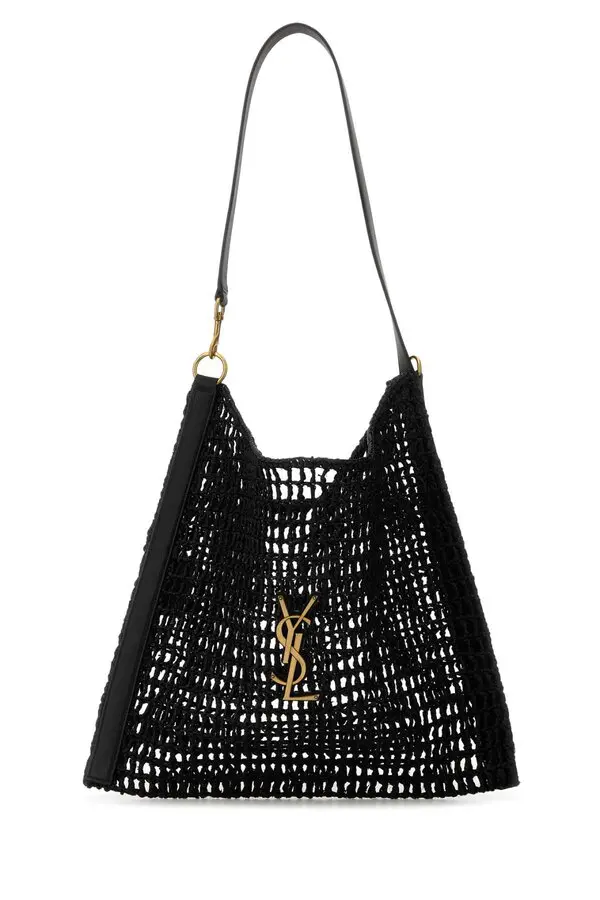 Saint Laurent Raffia Shopping Bag With Antiqued Golden Metal Finishing - Black