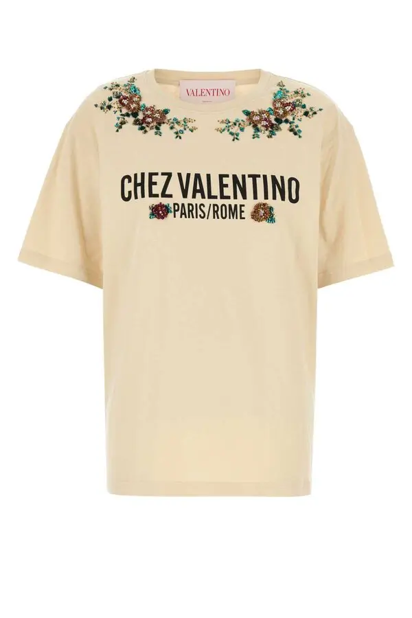 Valentino Garavani Cotton T-shirt With Embellished Neckline - Yellow