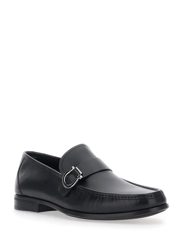 FERRAGAMO Caspian Leather Loafers With Gancini Plaque - Black