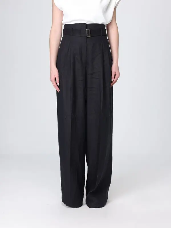 Max Mara High Rise Belted Wide Leg Linen Trousers - Black