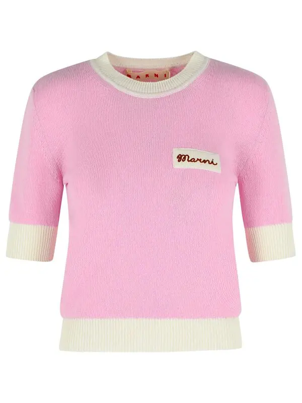 Marni Ribbed Wool Blend Sweater With Embroidered Logo - Pink