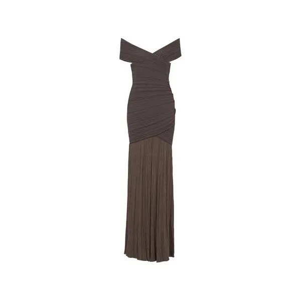 Balmain Off-the-shoulder Dress With Pleated Skirt - Brown