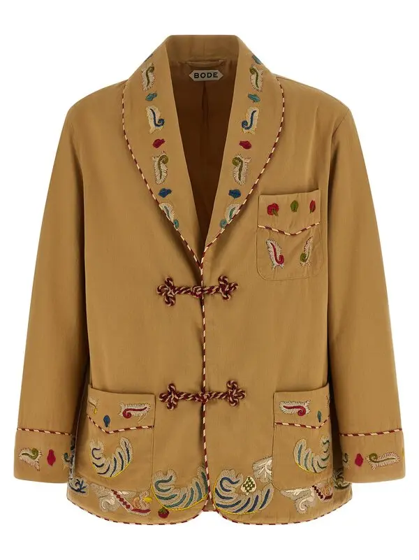 BODE Embroidered Cotton Gabardine Blazer Jacket - Cream