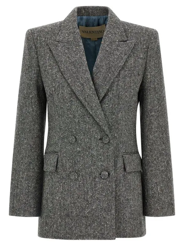 Valentino Garavani Double-breasted Blazer In Bottonato Natte - Gray