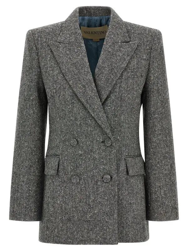 Valentino Garavani Double-breasted Blazer In Bottonato Natte - Gray