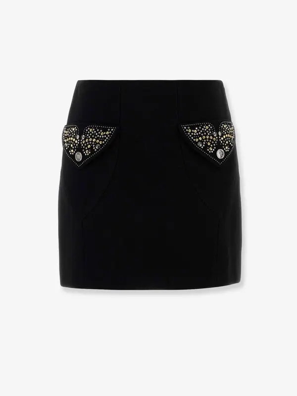 Versace Virgin Wool Mini Skirt With Studded Flap Pockets - Black
