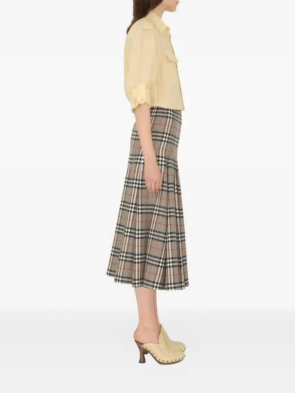 Burberry Checked Wool Midi Skirt With Side Buckle Closure