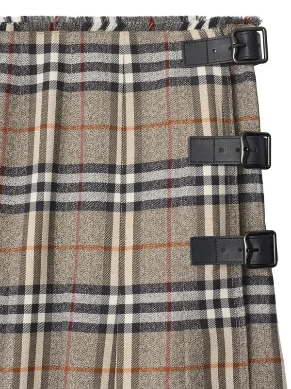 Burberry Checked Wool Midi Skirt With Side Buckle Closure