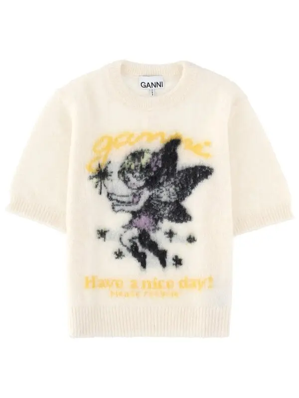 GANNI Short Sleeve Alpaca Wool Blend Sweater - White