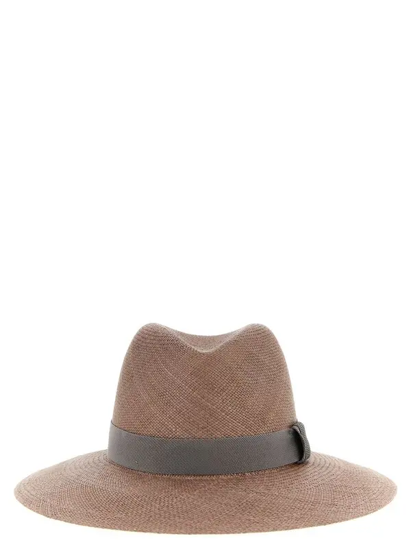 Brunello Cucinelli Precious Leather Band" Wide Brim Straw Hat - Brown
