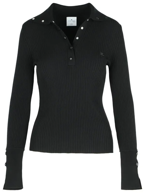 COURREGES Pointed Collar Button Detailed Polyester Blend Sweater - Black
