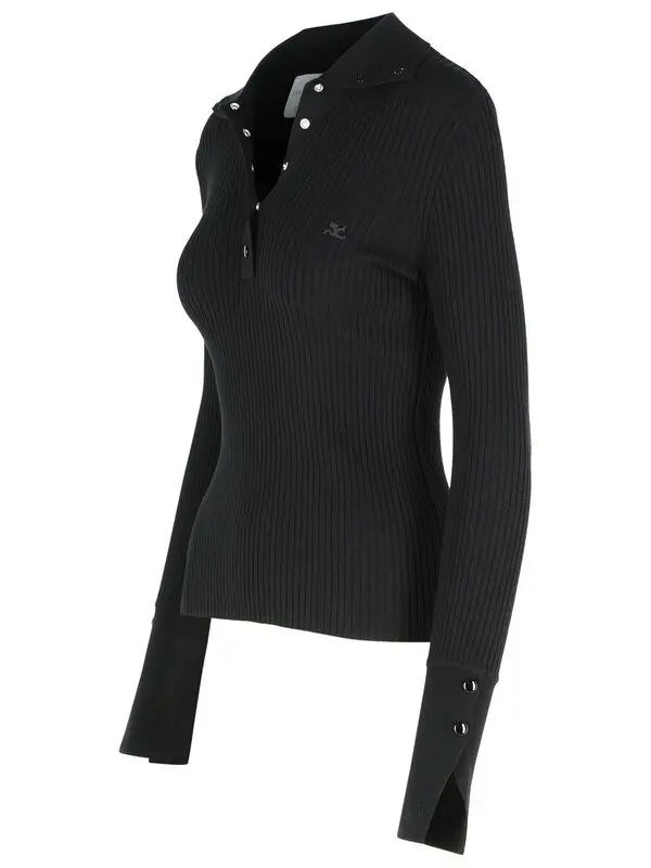 COURREGES Pointed Collar Button Detailed Polyester Blend Sweater - Black