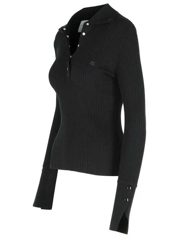 COURREGES Pointed Collar Button Detailed Polyester Blend Sweater - Black