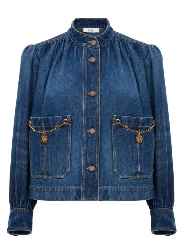 Chloé High Neck Gathered Denim Jacket - Blue