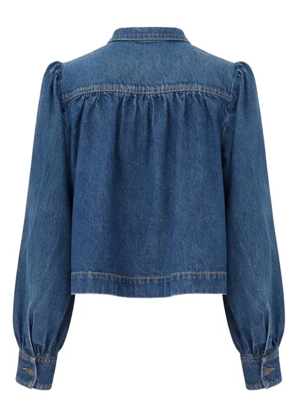 Chloé High Neck Gathered Denim Jacket - Blue