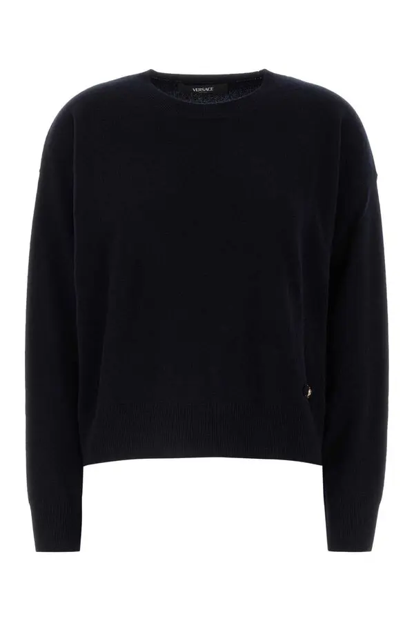 Versace Midnight Stretch Wool Blend Crew Neck Sweater - Blue