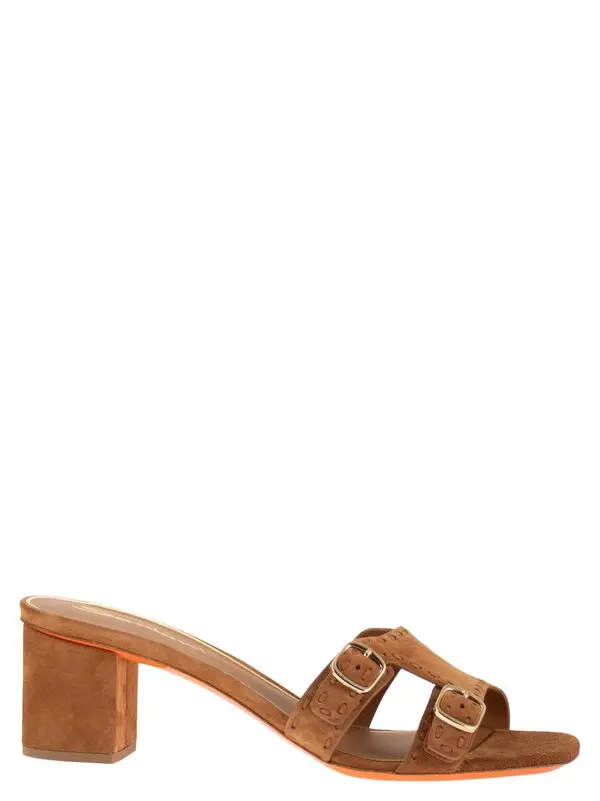Santoni Suede Double Buckle Block Heel Mule Sandals - Brown