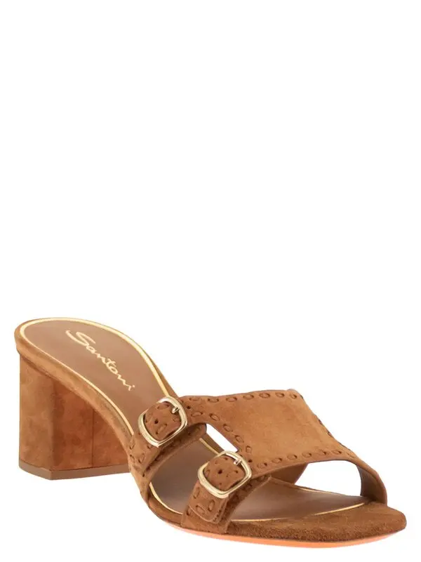 Santoni Suede Double Buckle Block Heel Mule Sandals