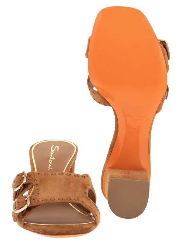 Santoni Suede Double Buckle Block Heel Mule Sandals