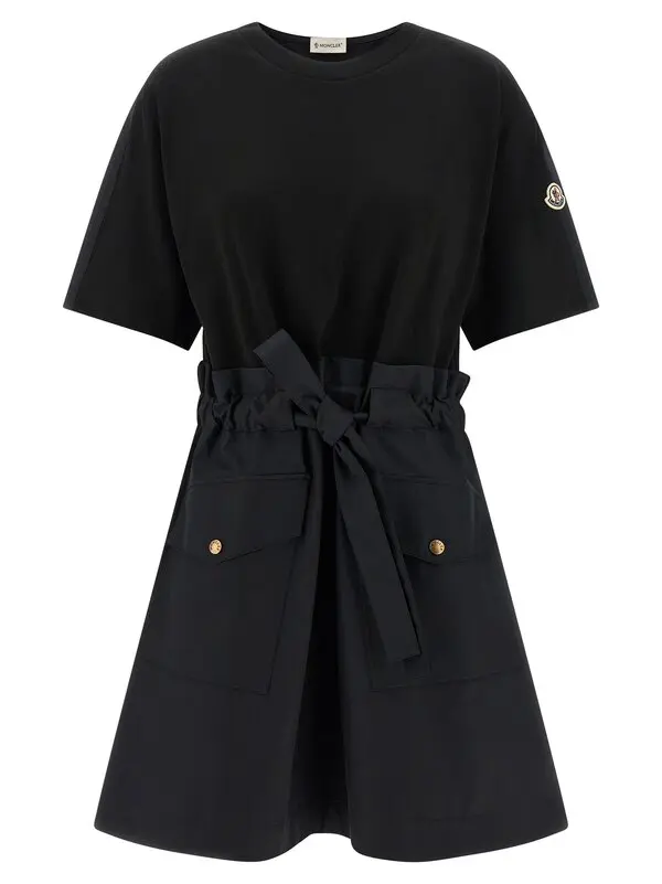 Moncler Belted Dress With Ruffle Skirt - Black