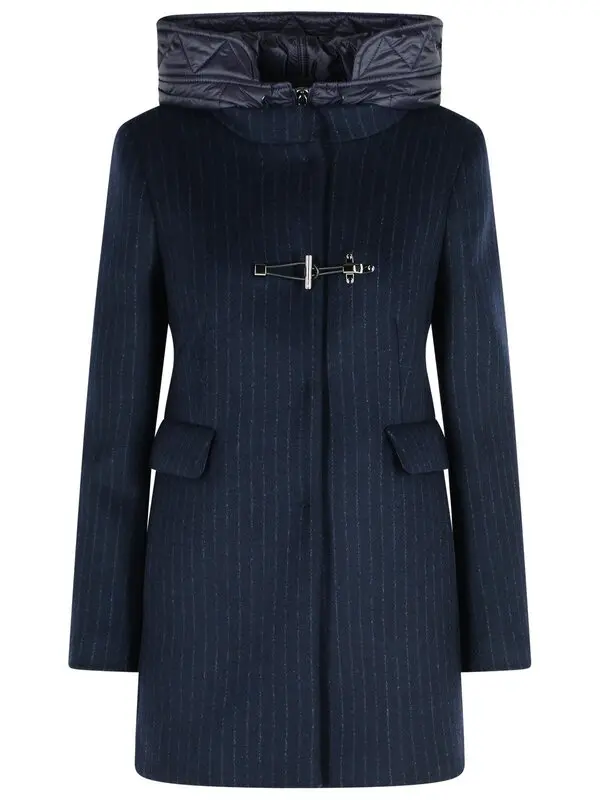 FAY Navy Wool Blend Pinstripe Coat With Adjustable Hood - Blue
