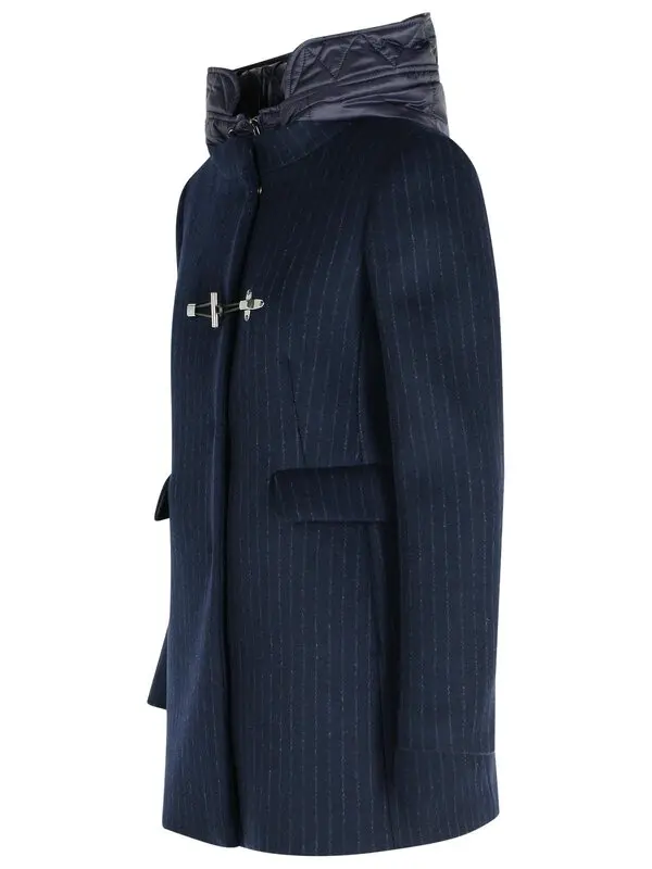 FAY Navy Wool Blend Pinstripe Coat With Adjustable Hood - Blue