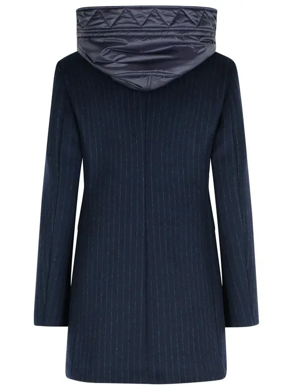FAY Navy Wool Blend Pinstripe Coat With Adjustable Hood - Blue