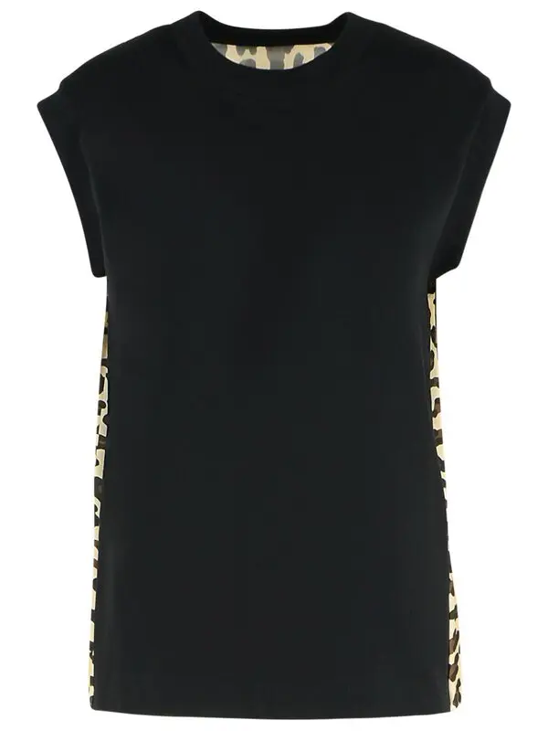 Sacai Black Cotton Tank Top With Leopard Pleating - Cream
