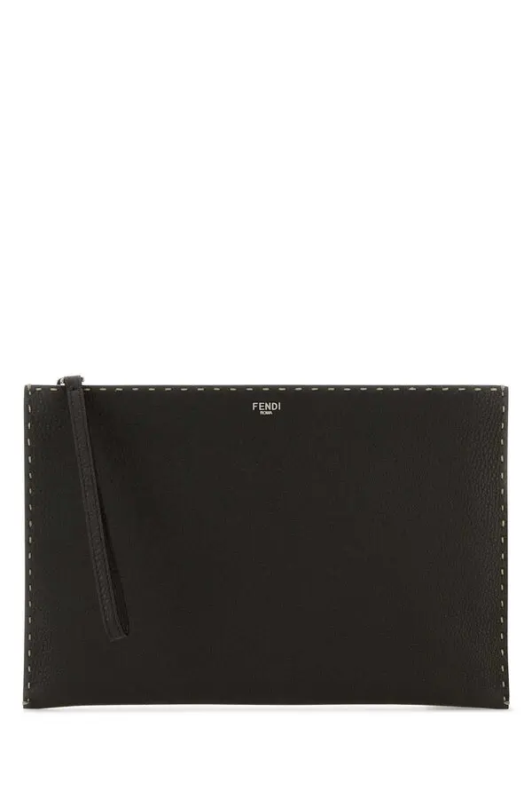 Fendi Dark Leather Clutch With Silver Metal Finishing - Brown