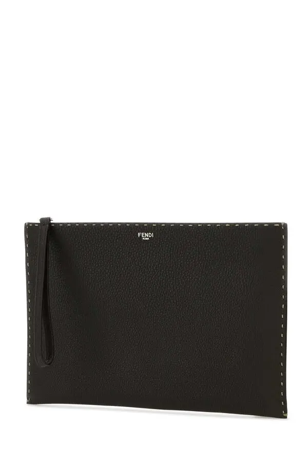 Fendi Dark Leather Clutch With Silver Metal Finishing - Brown