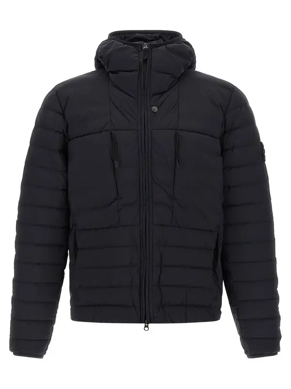 Stone Island Down Jacket With Hood And Drawstring Hem - Blue