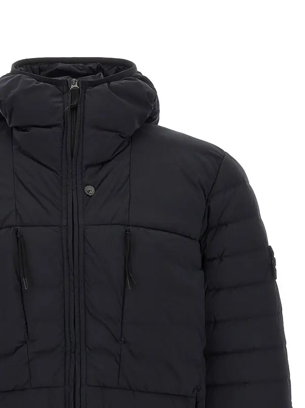 Stone Island Down Jacket With Hood And Drawstring Hem - Blue