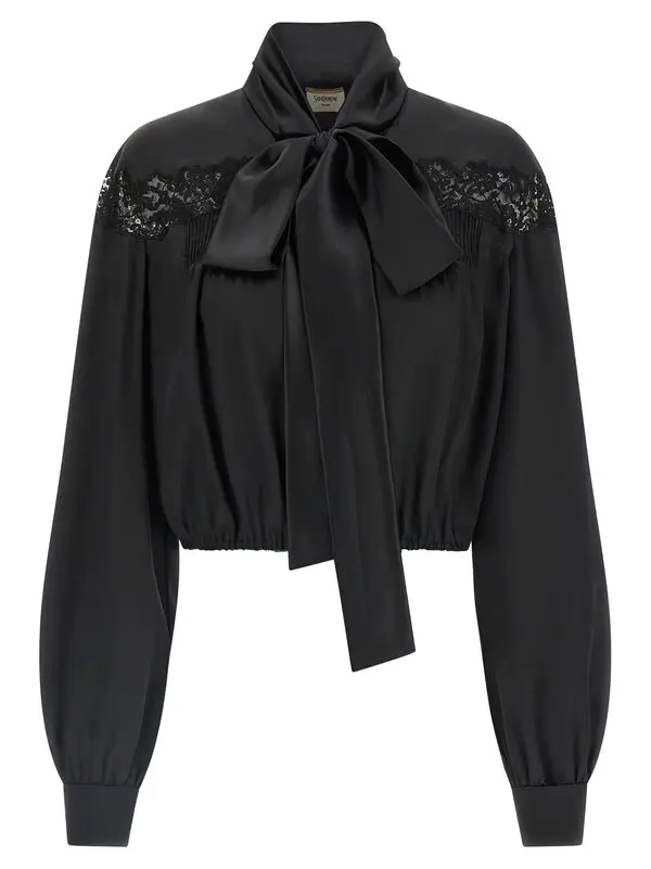 Saint Laurent Lace Trim Silk Cropped Shirt - Black