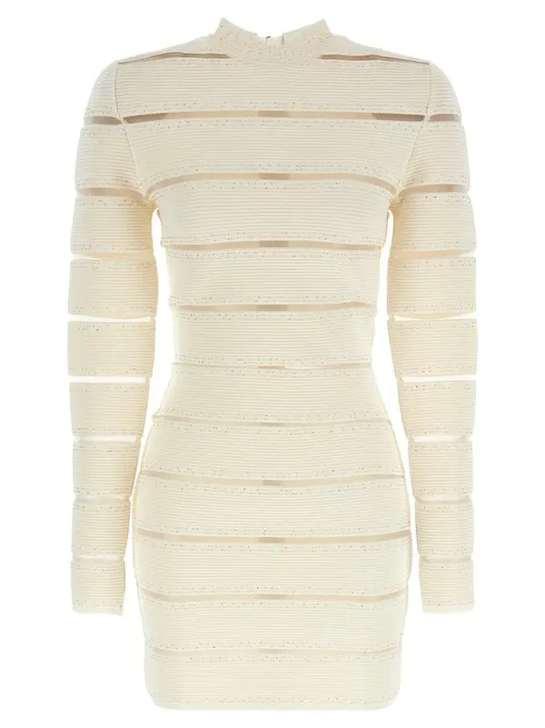 Balmain Bodycon Mini Dress With Sequins And Mesh Inserts - White