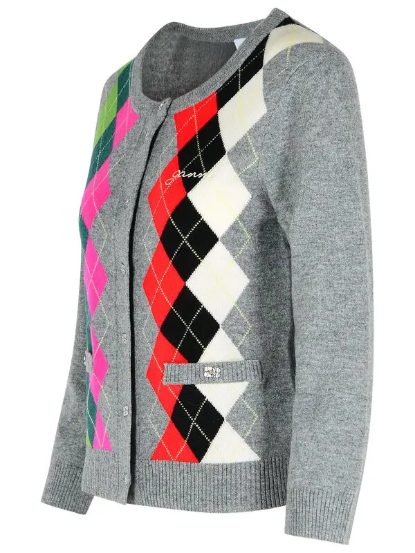 GANNI Checked Cashmere Blend Cardigan - Gray