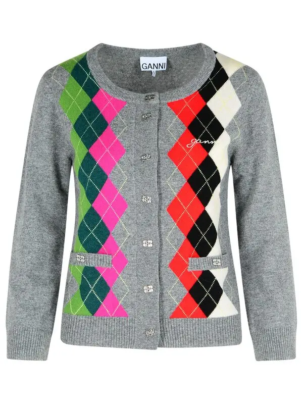 GANNI Checked Cashmere Blend Cardigan - Gray