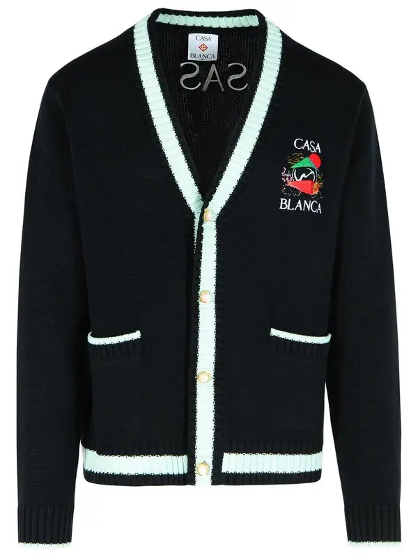 Casablanca Mountain Temple Embroidered Merino Wool And Cashmere Blend Cardigan - Black