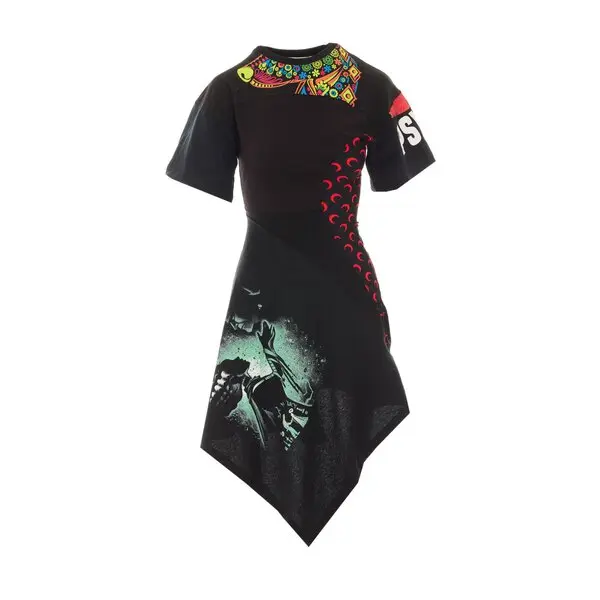 MARINE SERRE Short Sleeve Asymmetrical Knee Length Dress With Psycho And Moon Print - Black