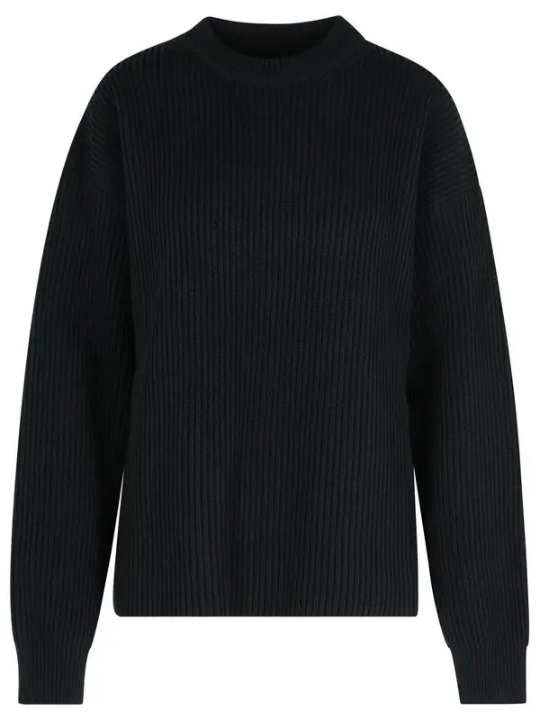 JIL SANDER Ribbed Merino Wool Oversized Crew Neck Sweater - Black