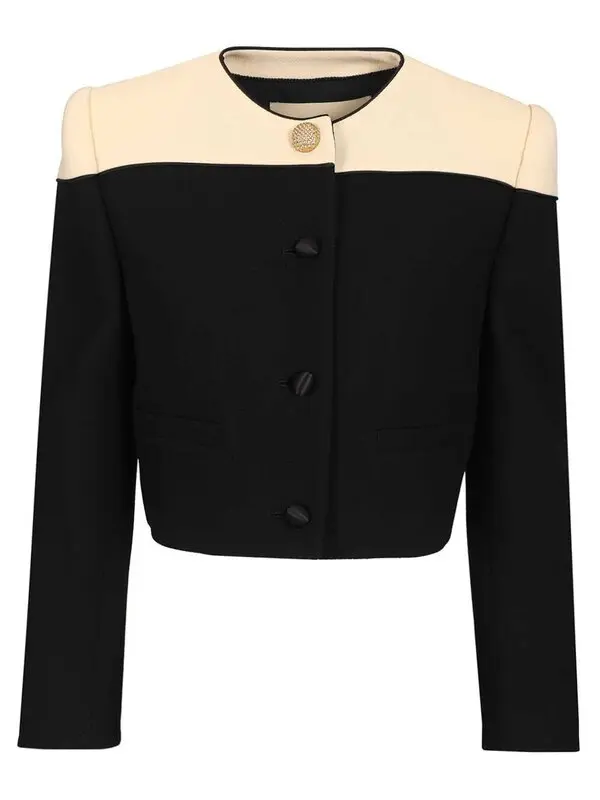 Valentino Garavani Two-tone Wool Cropped Jacket With Padded Shoulders - Black