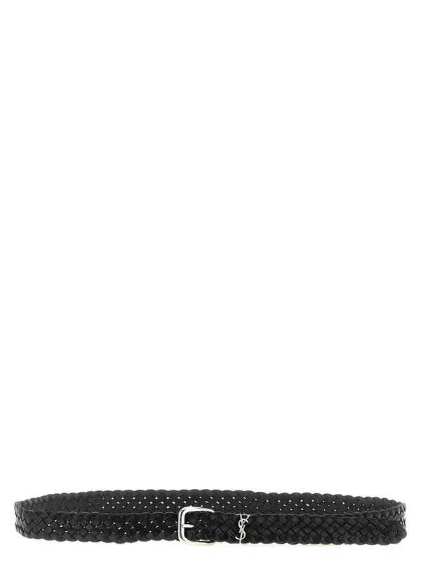 Saint Laurent Cassandre Braided Leather Belt - Black