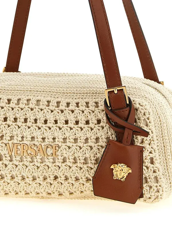Versace Crochet Raffia Shoulder Bag With Nappa Leather Details